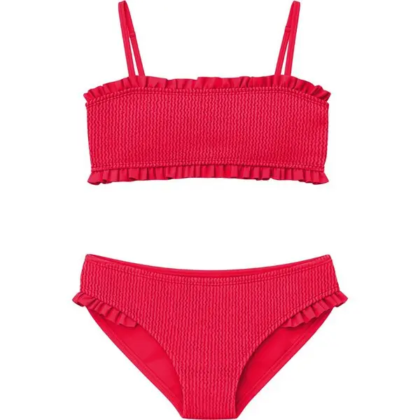 LIMEAPPLE Crinkle Ruffle Bandeau Two Piece Swimsuit - Red