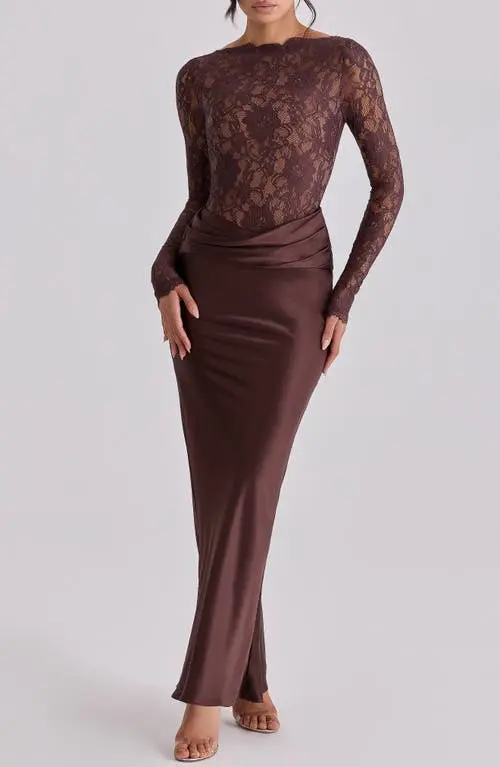 House Of Cb Yasmeen Long Sleeve Lace & Satin Two-piece Gown - Brown