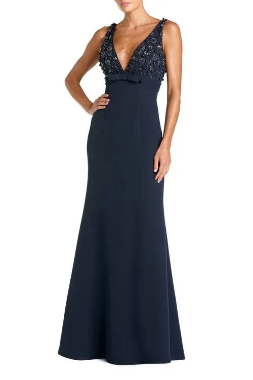 Mac Duggal Crepe Beaded V-neck Gown With Bow - Midnight