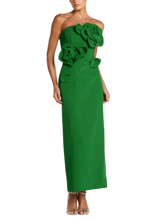 Mac Duggal Crepe Strapless Midi Dress With 3d Floral Detail - Spring Green