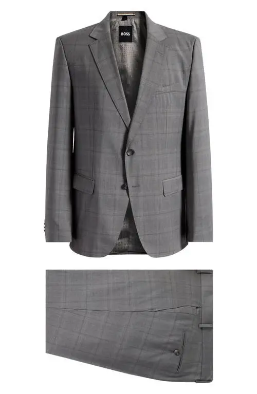 BOSS Huge Slim Fit Brown Windowpane Check Virgin Wool Suit