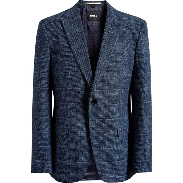 BOSS Hutson Windowpane Check Slub Cotton Blend Sport Coat - Dark Blue
