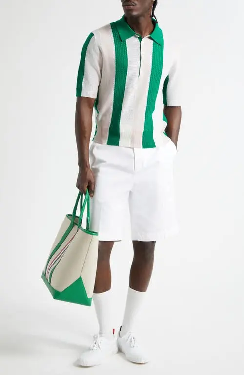 Thom Browne Shadow Stripe Mixed Stitch Short Sleeve Cashmere Polo Sweater