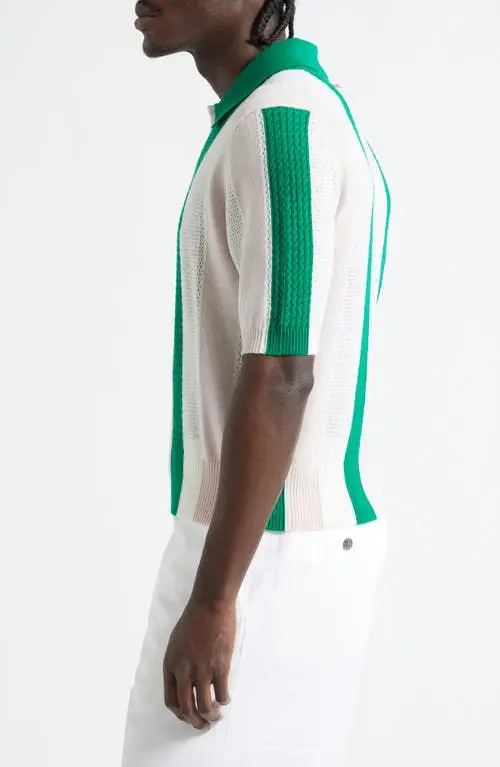 Thom Browne Shadow Stripe Mixed Stitch Short Sleeve Cashmere Polo Sweater