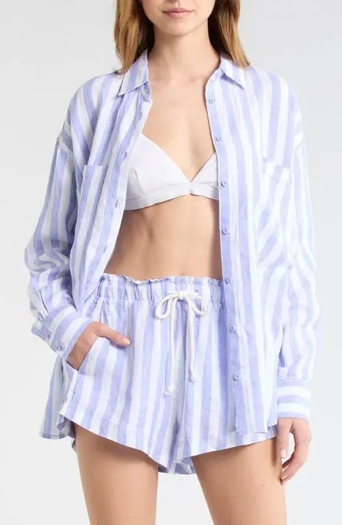 LEFT ON FRIDAY Getaway Stripe Linen Cover-up Shirt - Riptide/coconut