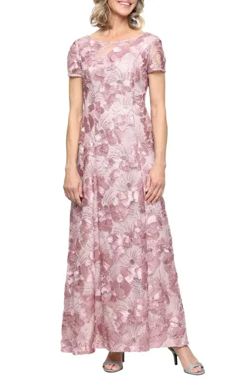 Alex Evenings Sequin Soutache A-line Gown - Rose