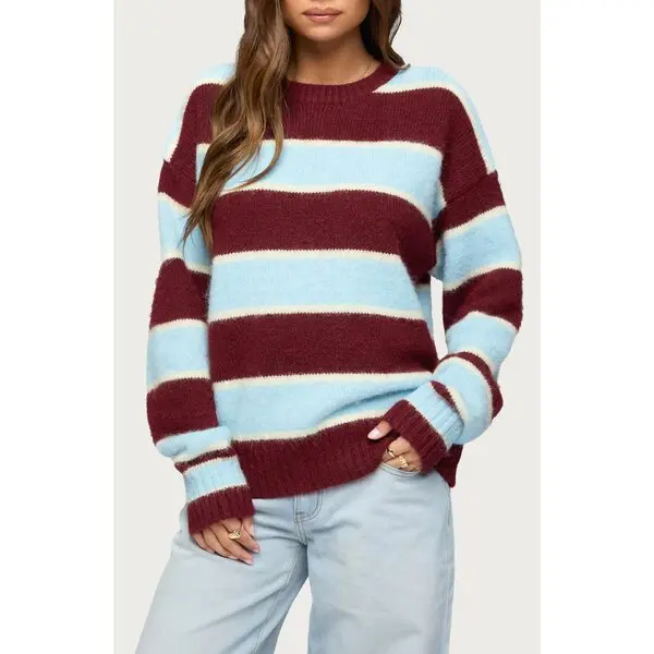 EDIKTED Striped Conrad Sweater - Burgundy-and-blue