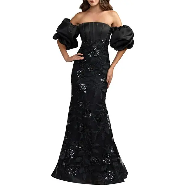 Mac Duggal Off-the-shoulder Puff Sleeve Mermaid Gown - Black