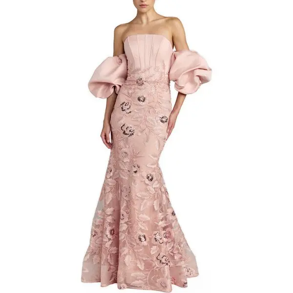 Mac Duggal Off-the-shoulder Puff Sleeve Mermaid Gown - Rose