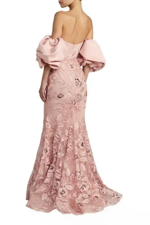 Mac Duggal Off-the-shoulder Puff Sleeve Mermaid Gown - Rose