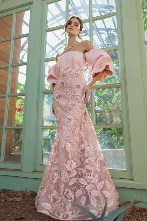 Mac Duggal Off-the-shoulder Puff Sleeve Mermaid Gown - Rose