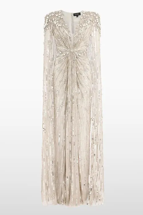 Jenny Packham Sequin-embellished Cape Gown - Platinum