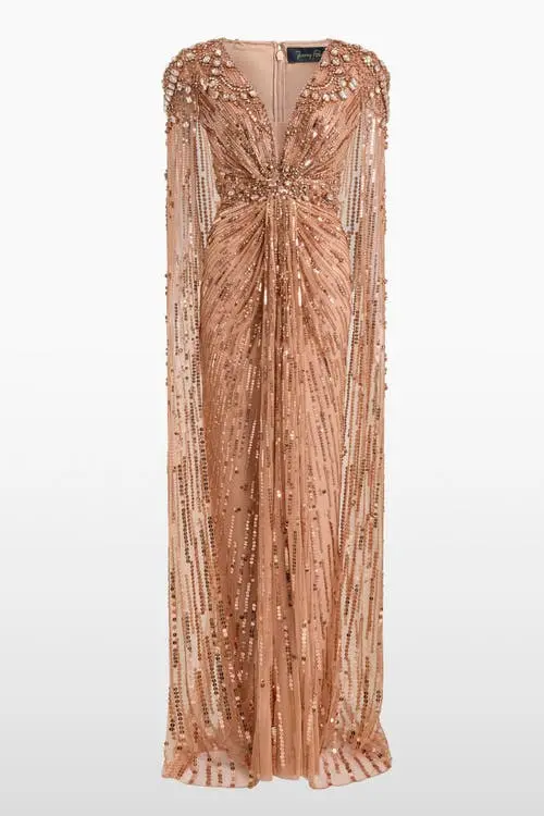 Jenny Packham Sequin-embellished Cape Gown - Sable