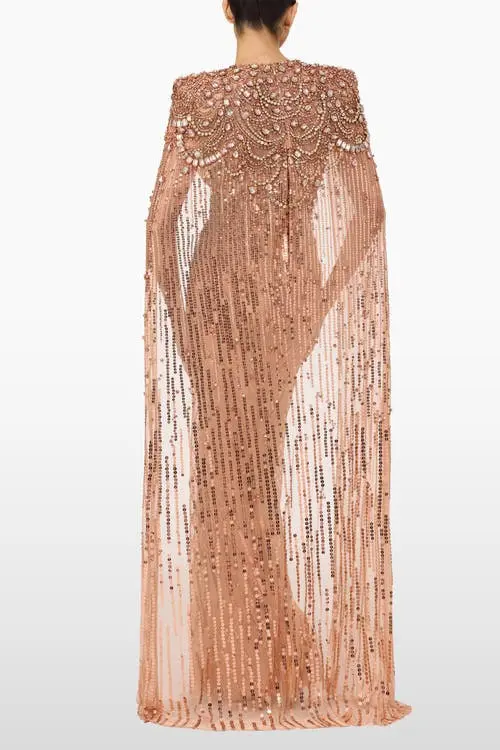 Jenny Packham Sequin-embellished Cape Gown - Sable