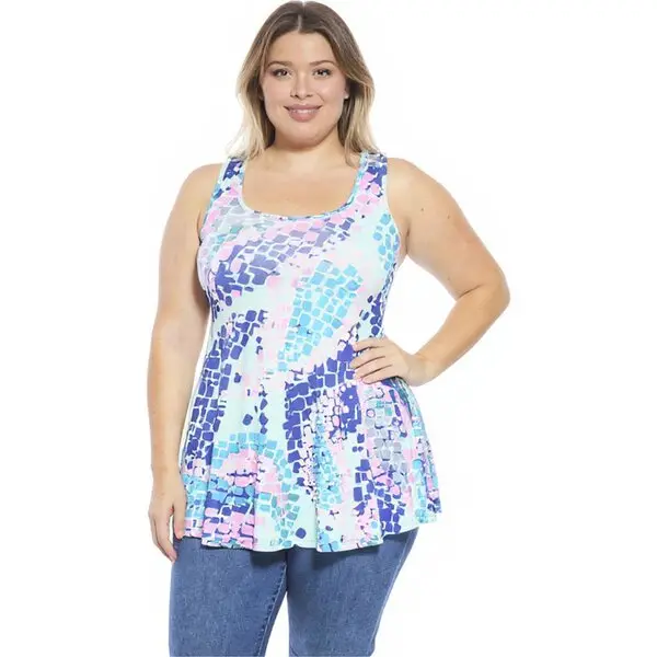 24SEVEN COMFORT APPAREL Abstract Scoop Neck Tunic Tank Top - Blue Multi