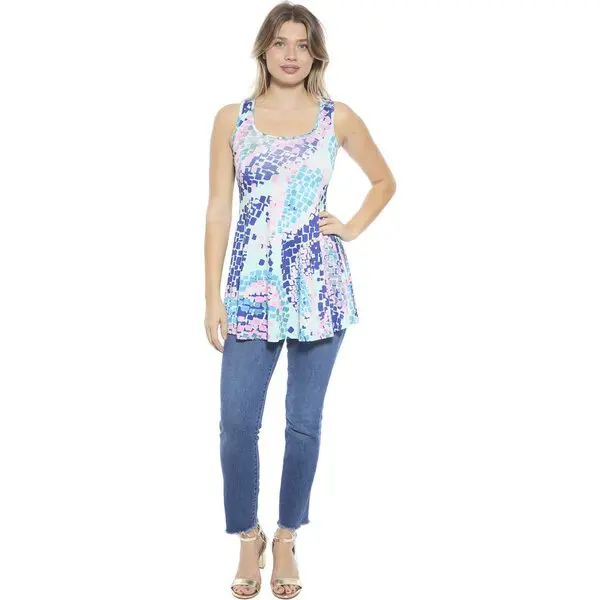 24SEVEN COMFORT APPAREL Abstract Scoop Neck Tunic Tank Top - Blue Multi