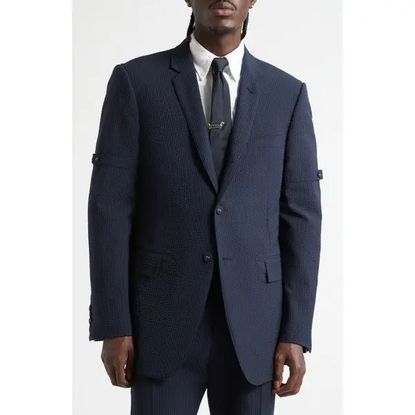 Thom Browne Armband Wool Seersucker Sport Coat - Navy