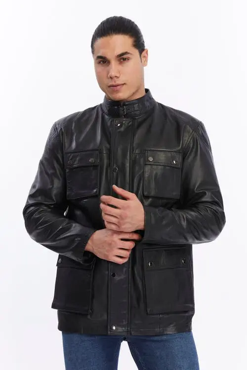 FURNIQ UK Utility Leather Jacket - Black
