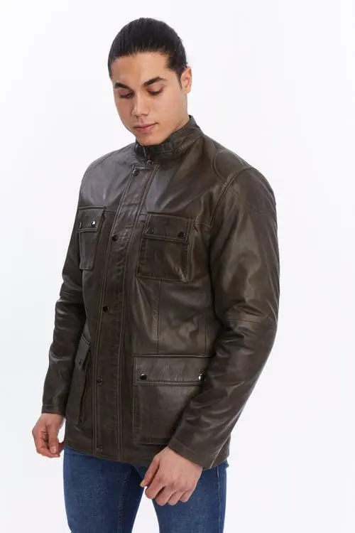 FURNIQ UK Utility Leather Jacket - Brown