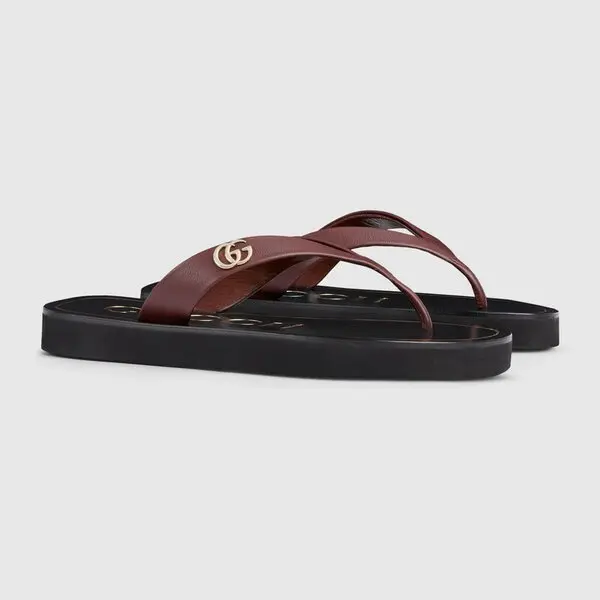 Gucci Leather Thong Sandal With Double G - Brown