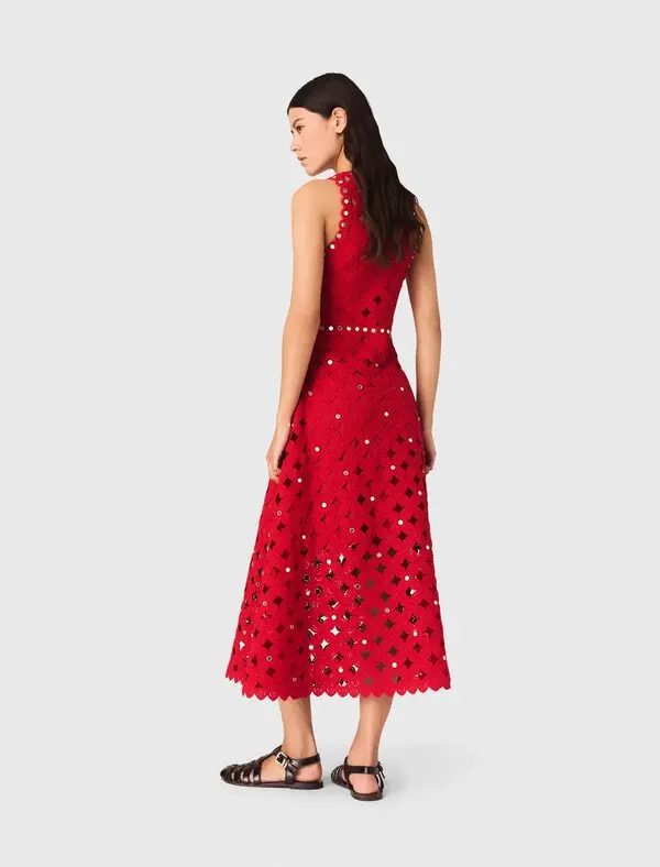 Maje Crochet Midi Dress With Mirror Inlays
