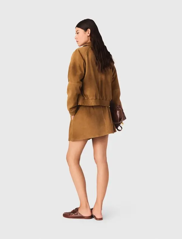 Maje Cropped Suede Jacket With Gold Button Details - Camel