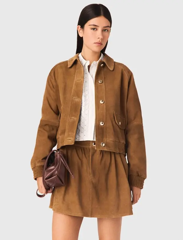 Maje Cropped Suede Jacket With Gold Button Details - Camel