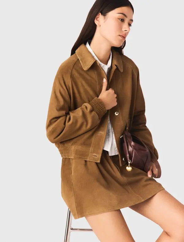 Maje Cropped Suede Jacket With Gold Button Details - Camel