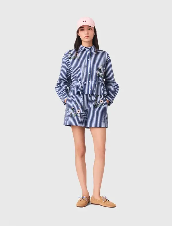 Maje Cropped Embroidered Striped Shirt