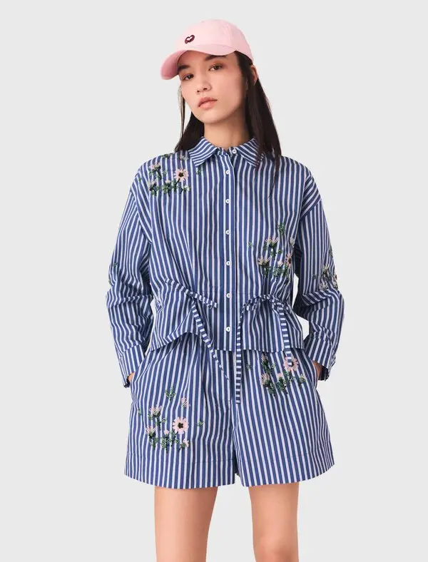 Maje Cropped Embroidered Striped Shirt