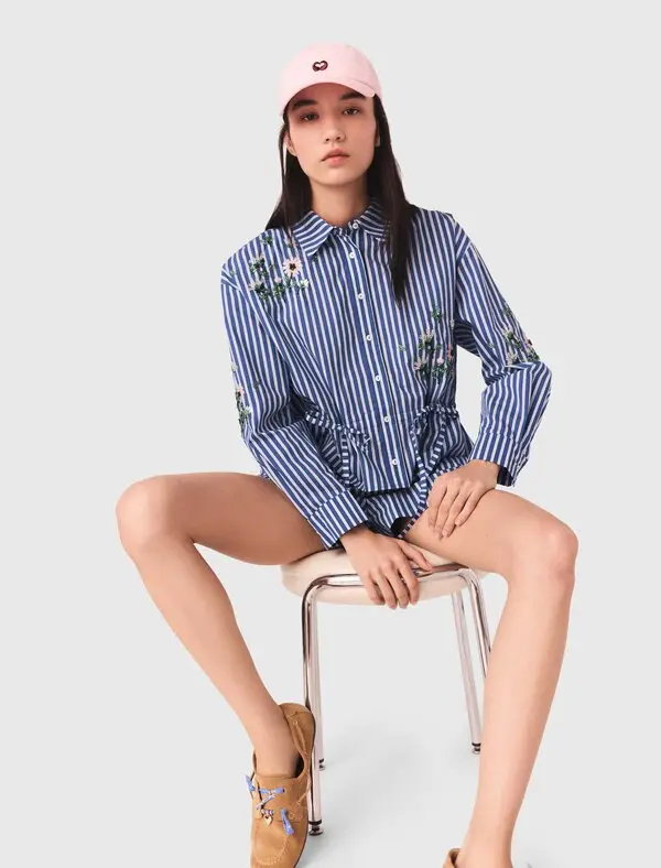 Maje Cropped Embroidered Striped Shirt