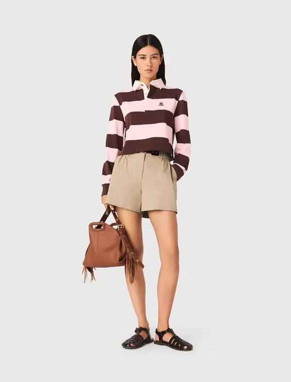 Maje Woman's Cotton Striped Polo Sweatshirt - Brown/pink