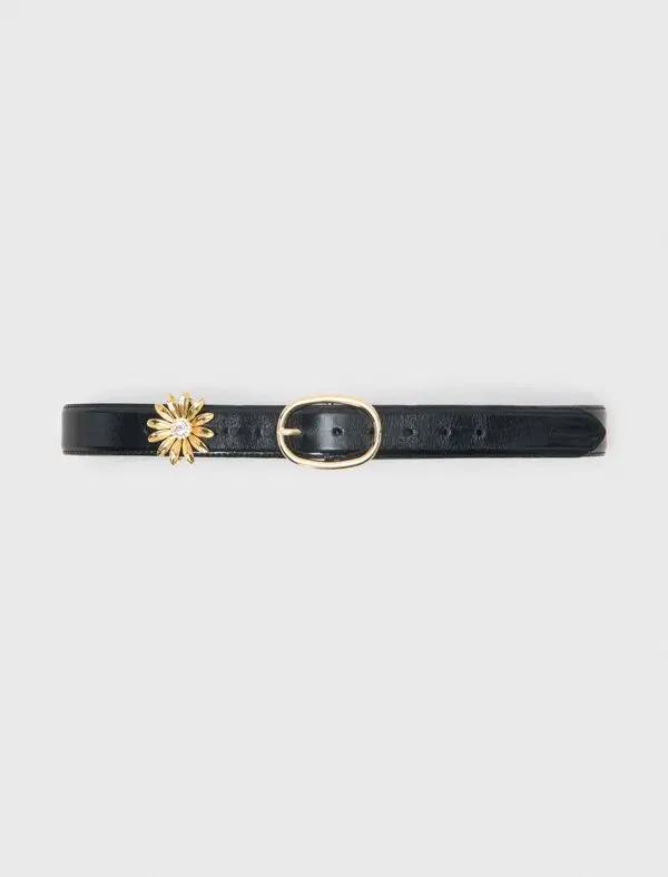 Maje Leather Belt With Rhinestone Jewel - Black