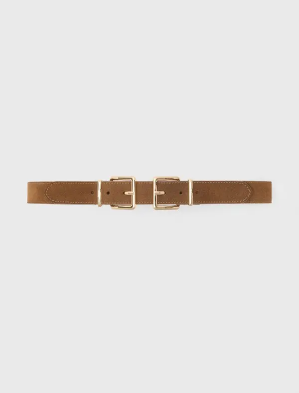 Maje Leather Suede Belt With Double Buckle - Camel