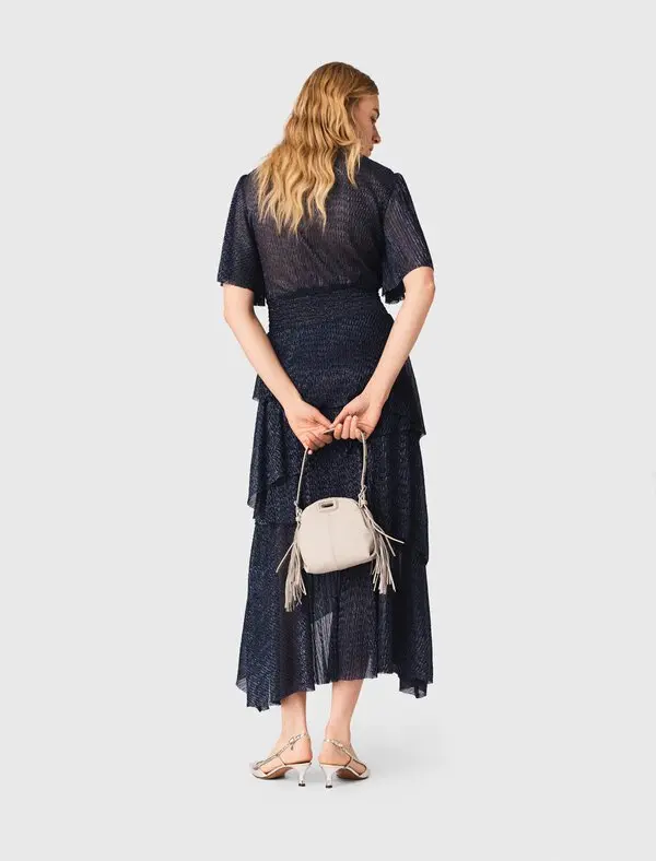 Maje Metallic Pleated Ruffled Midi Dress - Navy