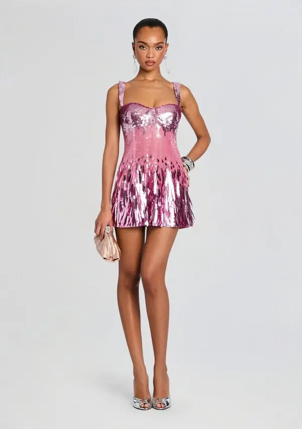 Retrofete Sequin Mini Dress With Fringe - Rosa