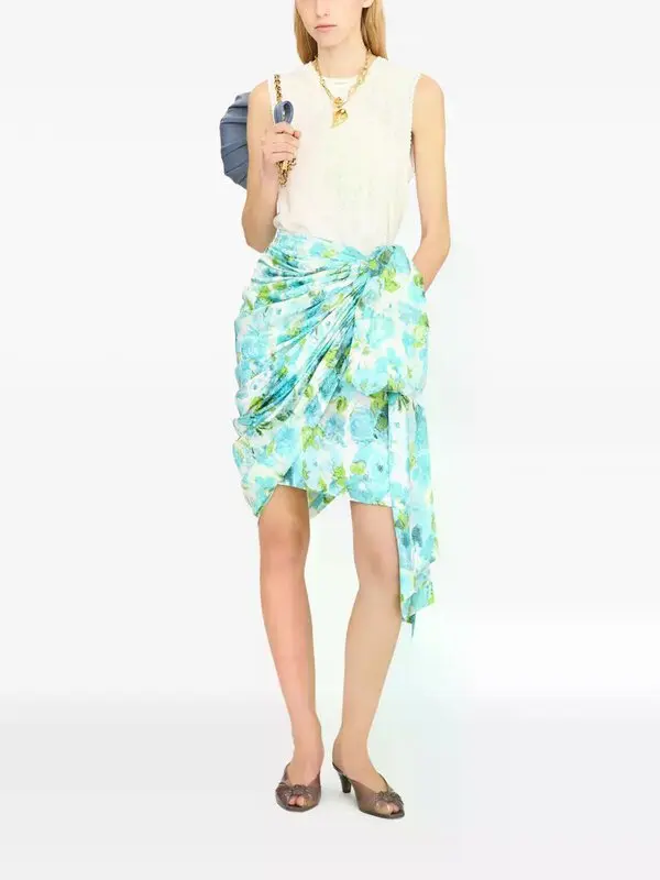 Chloé Floral Print Draped Mini Skirt - Aqua Floral