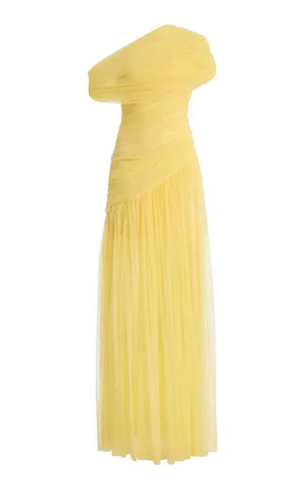 DE LA VALI Himalia Gathered Tulle Maxi Gown - Yellow