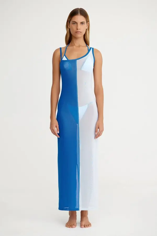 Significant Other Sheer Mesh Midi Dress With Asymmetric Neckline - Cobalt Splice