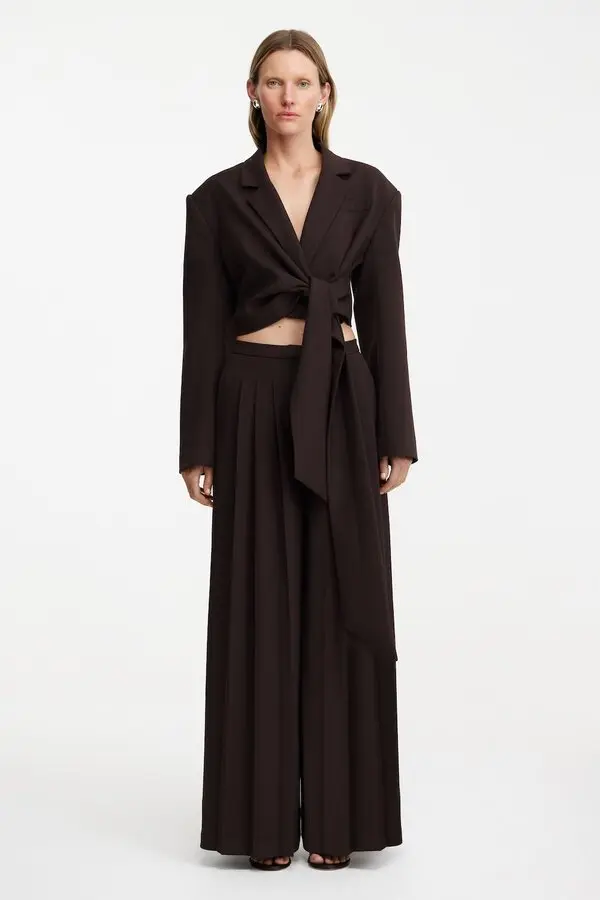 Significant Other Wide-shoulder Cropped Jacket With Tie Detail - Chocolate