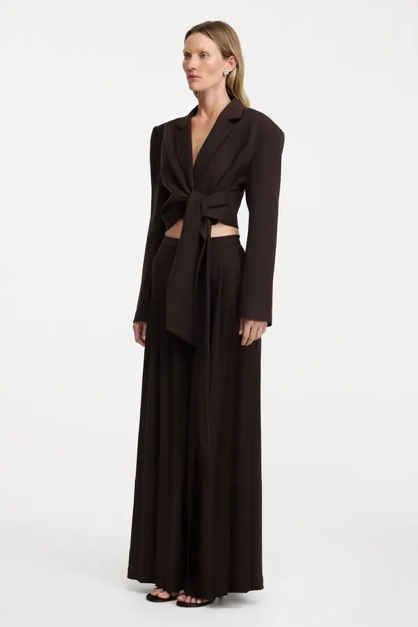 Significant Other Wide-shoulder Cropped Jacket With Tie Detail - Chocolate