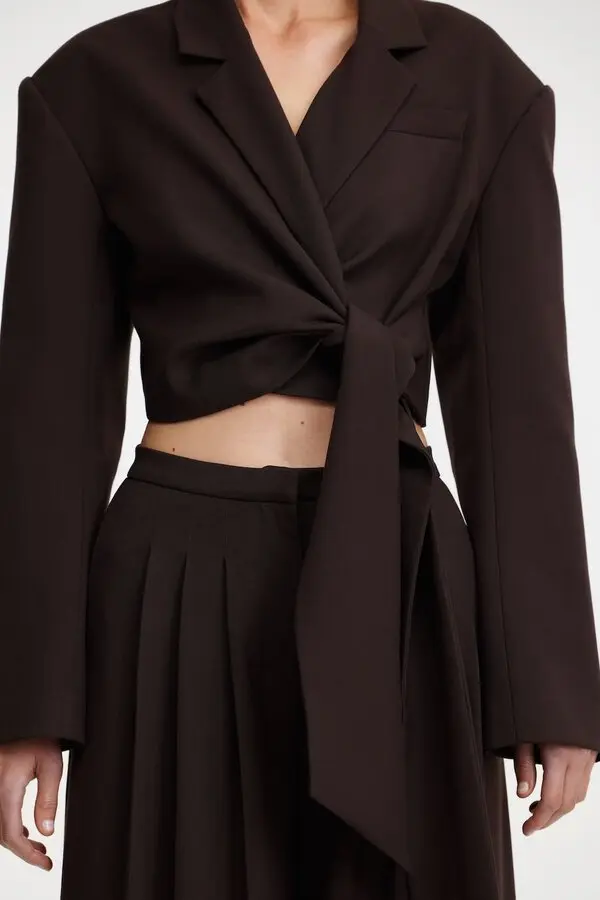 Significant Other Wide-shoulder Cropped Jacket With Tie Detail - Chocolate