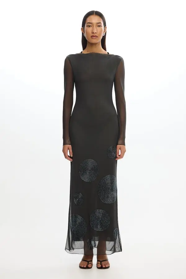 Significant Other Sheer Beaded Maxi Dress - Charcoal