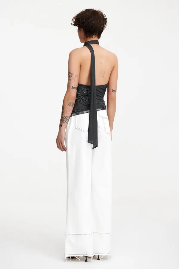 Significant Other Beaded Mesh Asymmetric Neckline Top