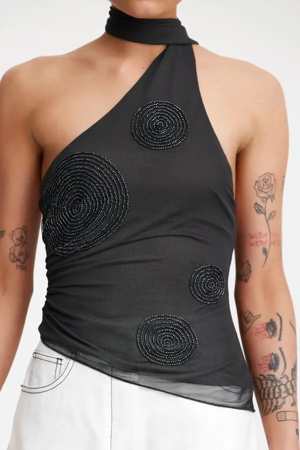Significant Other Beaded Mesh Asymmetric Neckline Top
