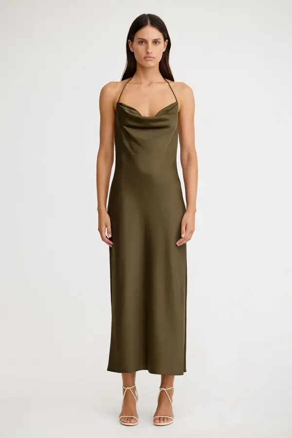Significant Other Cowl Neck Halter Midi Dress - Olive