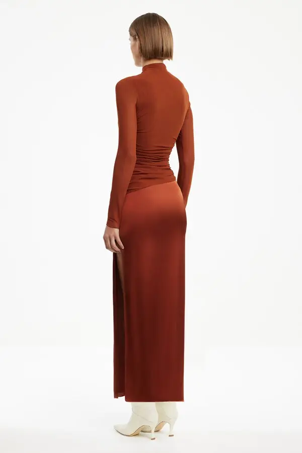 Significant Other Brianna Long Sleeve Maxi Dress With Sculpted Mesh Bodice And Satin Skirt