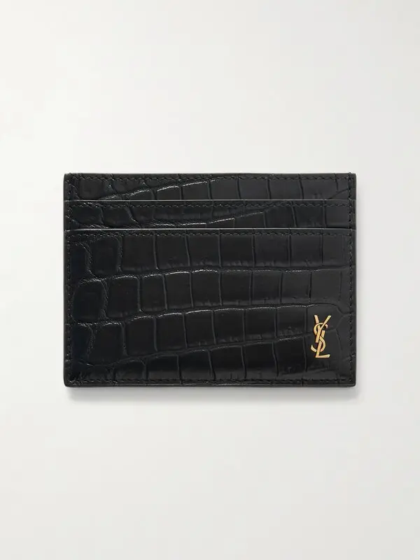 Saint Laurent Logo-embellished Croc-effect Patent-leather Cardholder - Black