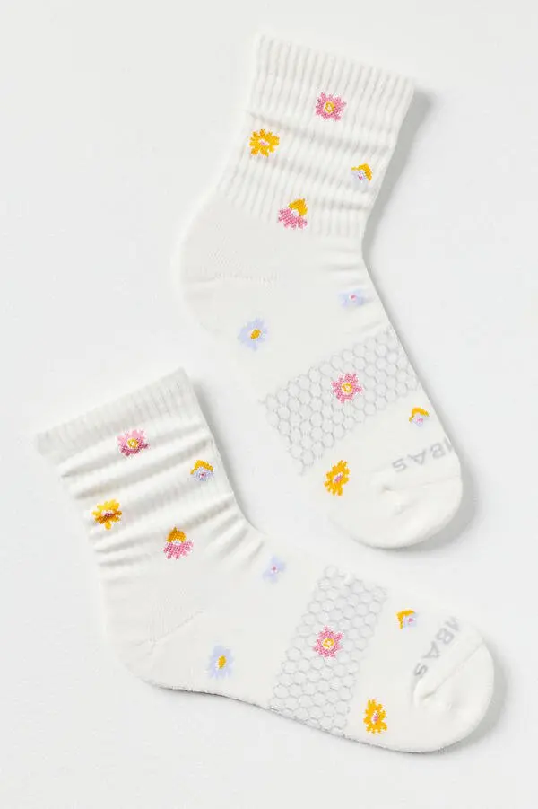 BOMBAS Floral Crew Socks - Soft White