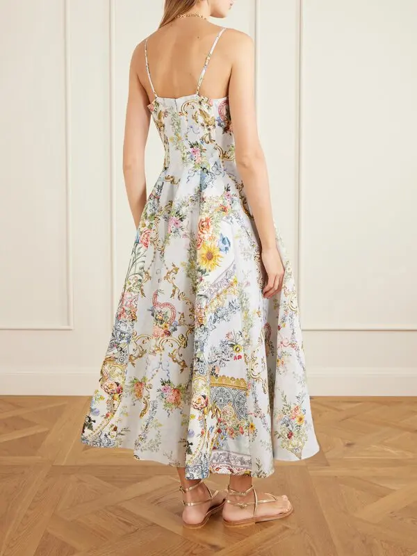 Camilla Crystal-embellished Printed Linen And Silk-blend Midi Dress - White